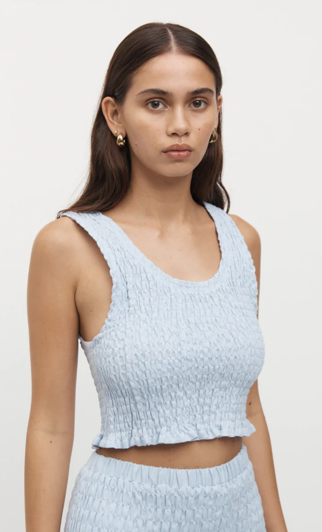 Eze Shirred Linen Crop Top Sky | FRIEND OF AUDREY | Shop Here – Off Duty